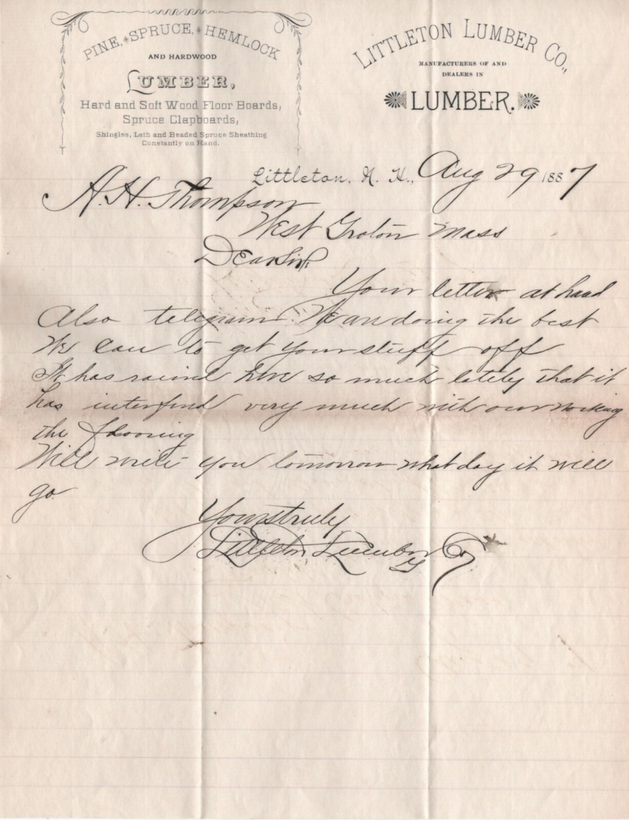 1887 LITTLETON NH LUMBER CO PINE SPRUCE HEMLOCK CLAPBOARDS A H THOMPSON ...