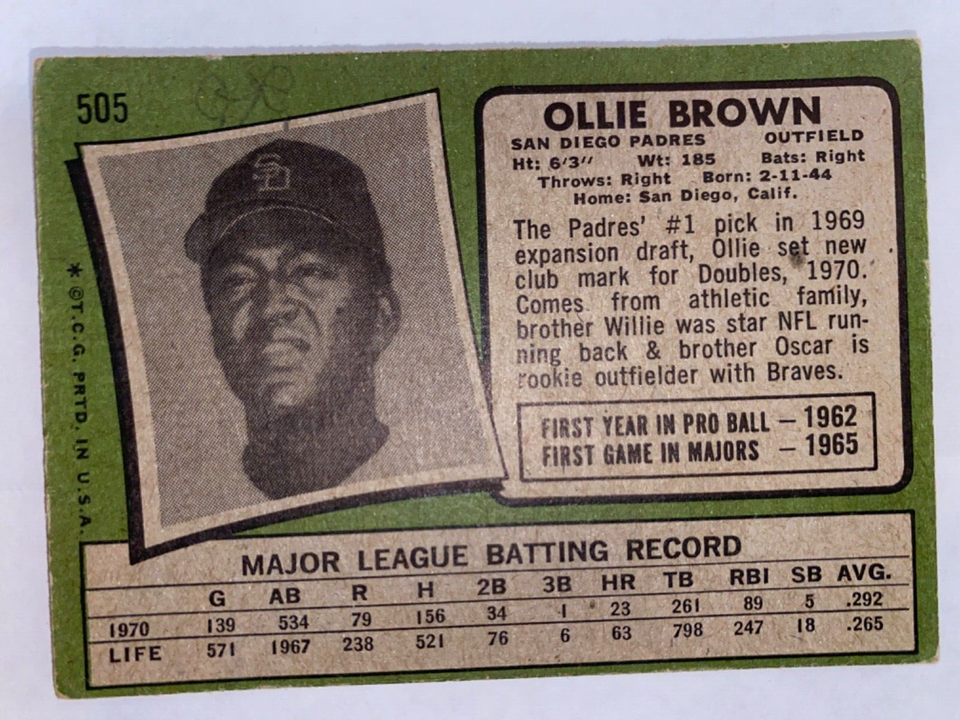 1971 Topps #505 Padres Ollie Brown Baseball Card | eBay