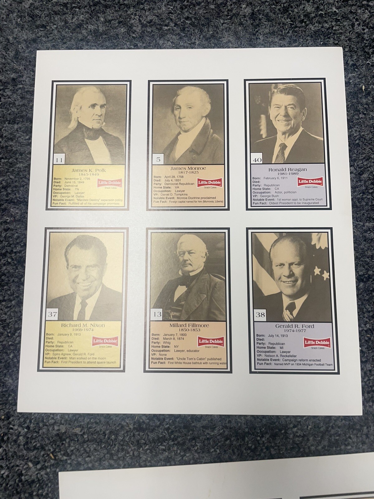 1992 Little Debbie Presidential Card set 7 uncut sheets Lincoln Reagan ...