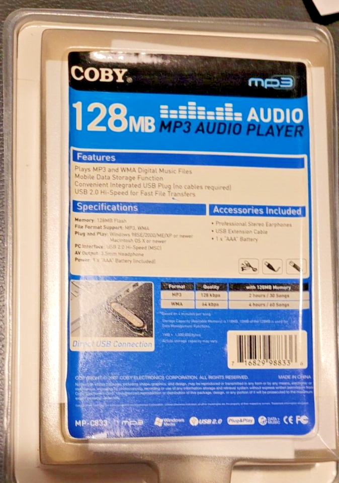 Coby MP-3833 128MB MP3 USB 2.0 Digital Media Player & earphones, cable ...