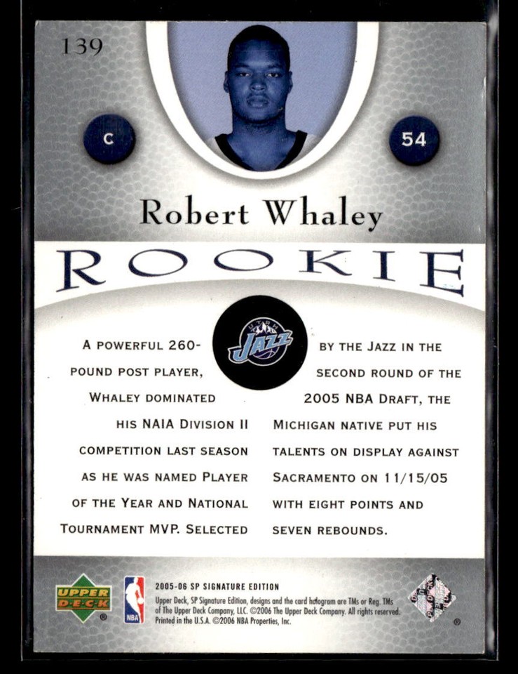 Robert Whaley #'d /499 RC - 2005 SP Signature #139 Utah Jazz | eBay
