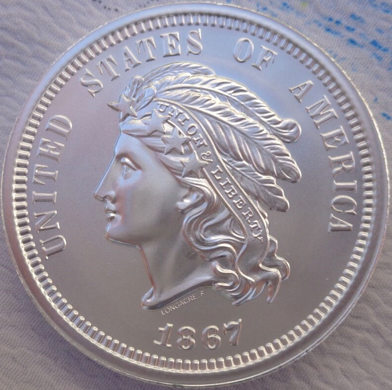 2 oz. 1867 5C PATTERN JUDD 561 Coin Tribute Thick BU rounds .999 fine ...