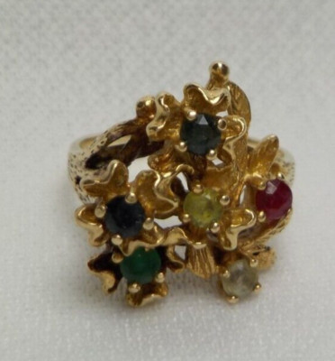 VTG 14K SOLID YELLOW GOLD COCKTAIL RING MULTI GEMSTONES EMERALD RUBY ...