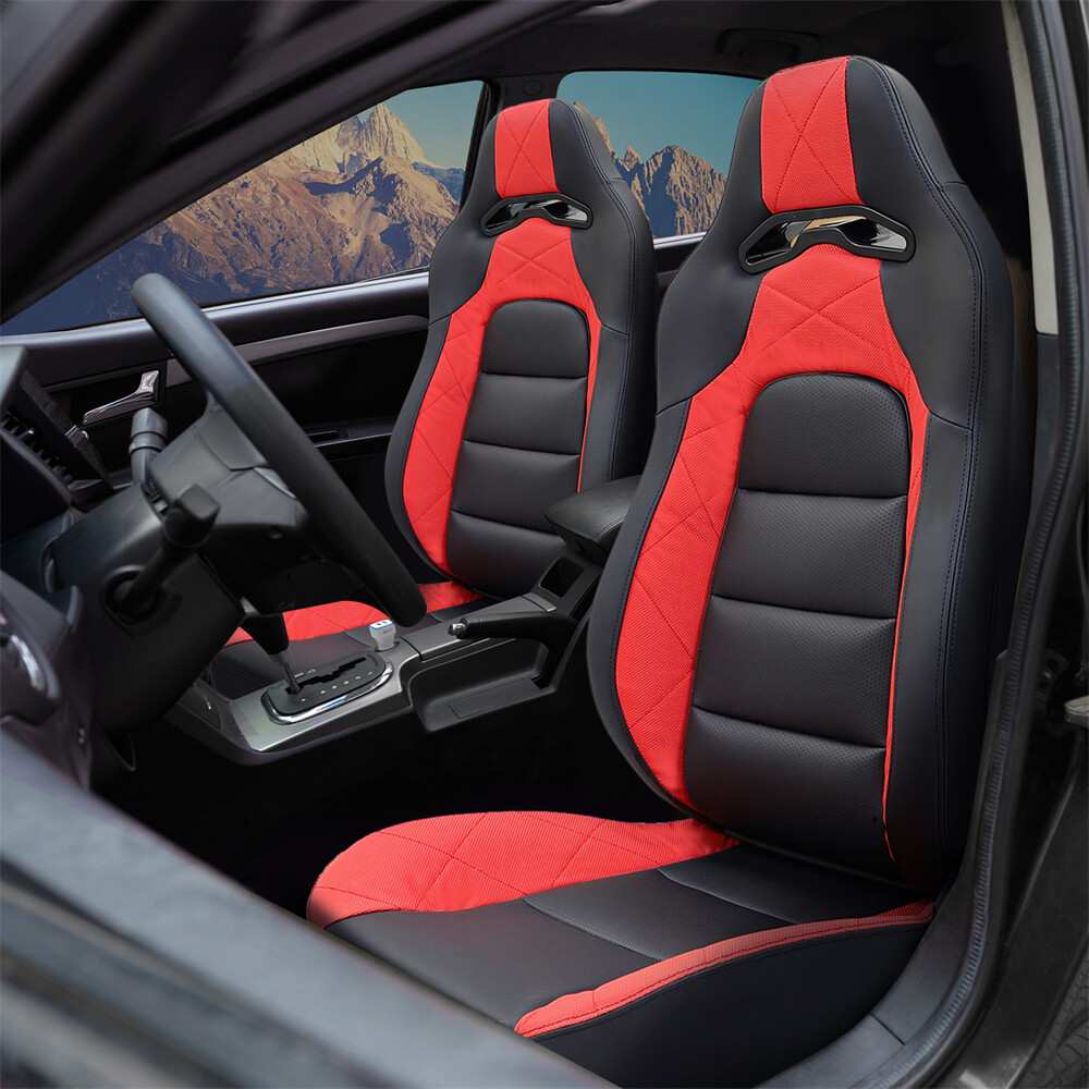 1 Pair Black+Red Racing Seats PU Leather Reclinable Sport Bucket with 2 ...
