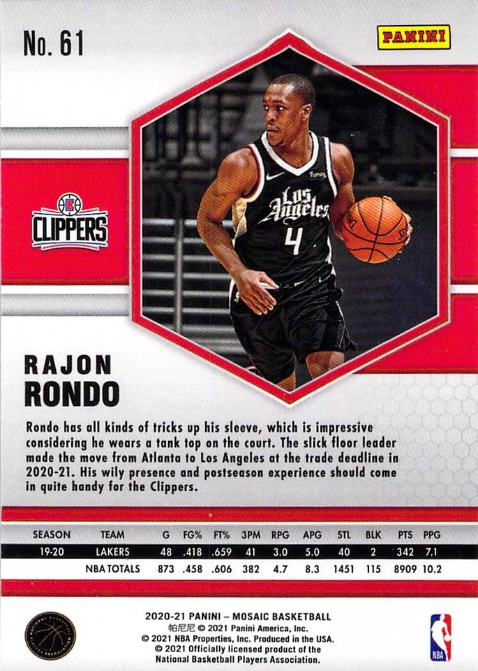 Rajon Rondo 2020-21 Panini Mosaic Basketball Chrome Base Card #61 ...