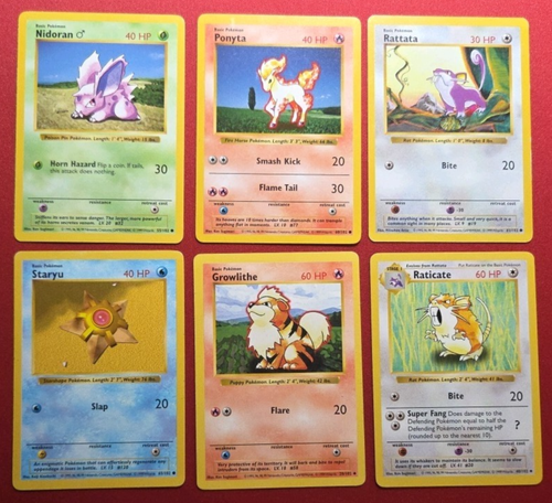 6 Card Pokemon Base Set Shadowless Lot Raticate, Ponyta, Staryu ...