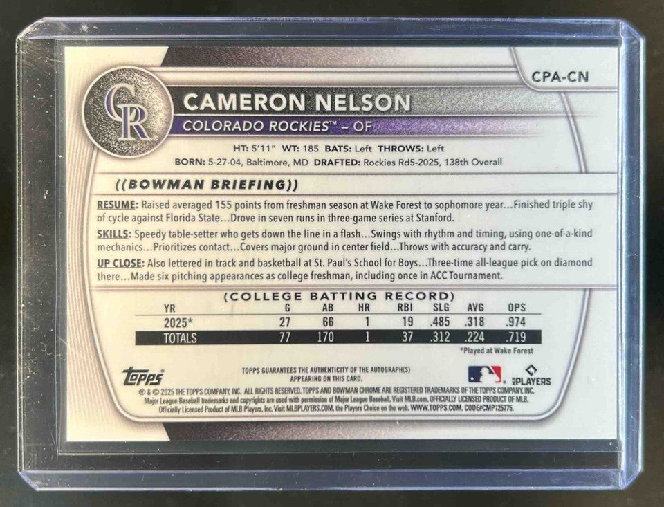 2025 Bowman Draft Cameron Nelson Chrome Auto Pop Corn Refractor 1st #/5 ...