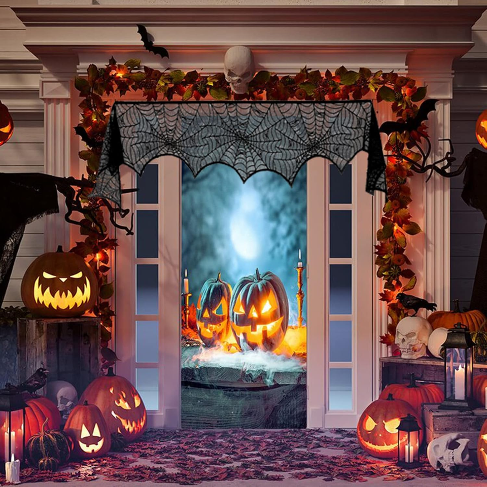 Halloween Decoration Black Lace Spiderweb Fireplace Mantle Scarf Cover ...