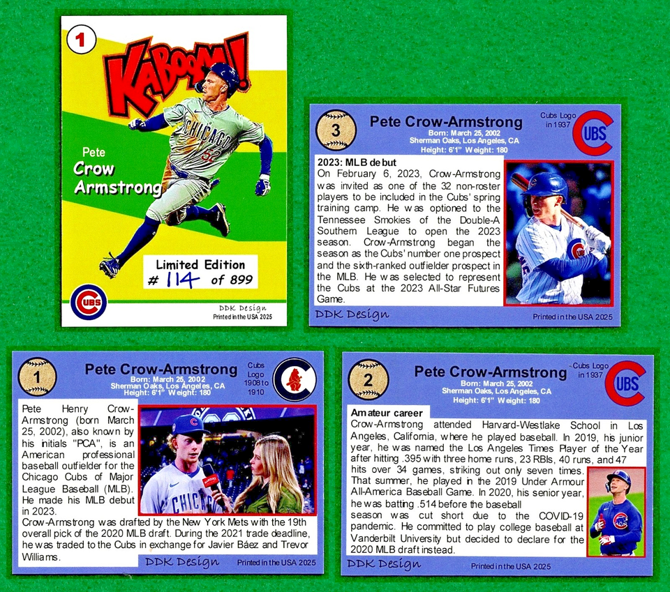 2025 Lot of 4 DDK Design PCA Pete Crow Armstrong Cards Chicago Cubs | eBay