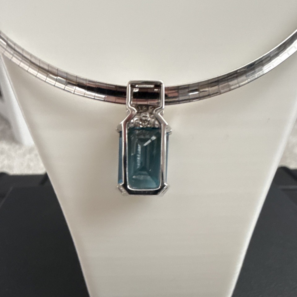 14k White gold 16” Omega Chain Necklace with Blue Emerald-Cut Rectangle ...