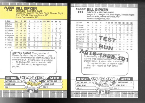 1989 FLEER #616 BILL RIPKEN ‘FF’ ERROR & TEST RUN SP WITH ‘FF’ ON BAT ...