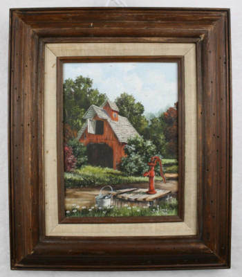 Vintage 84 Original Oil Painting Red Barn Water Pump Signed Deleta ...