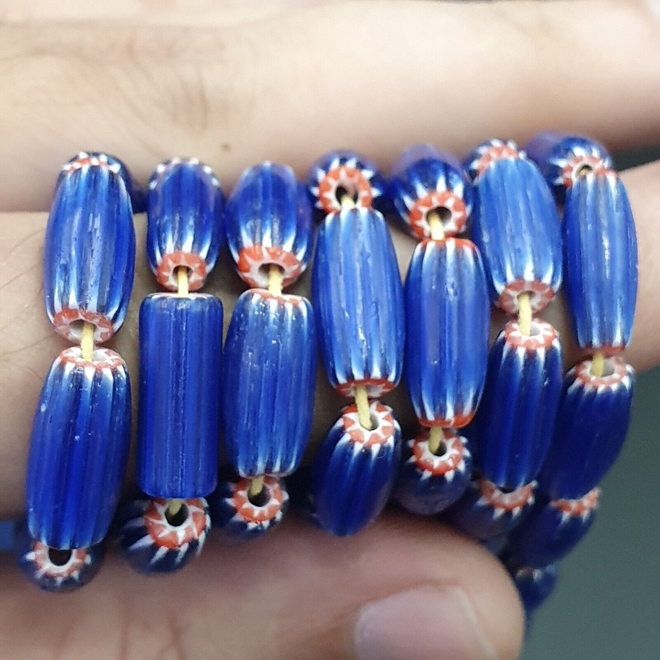 3 Long Strands Vintage BLUE Chevron Beads Venetian African Style ...