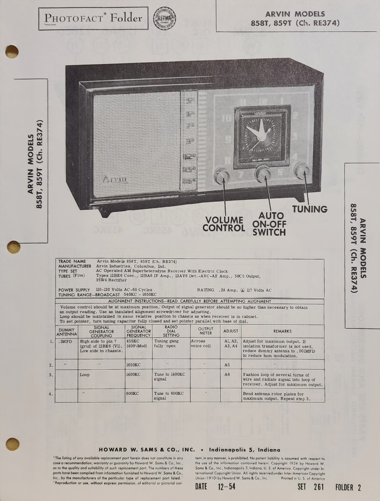 SAMS PHOTOFACT SERVICE MANUAL 261-2 ARVIN RADIO 858T 859T RE374 | eBay