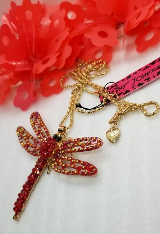 New Betsey Johnson Red Rhinestone Bling Dragonfly Crystal Pendant Necklace | eBay