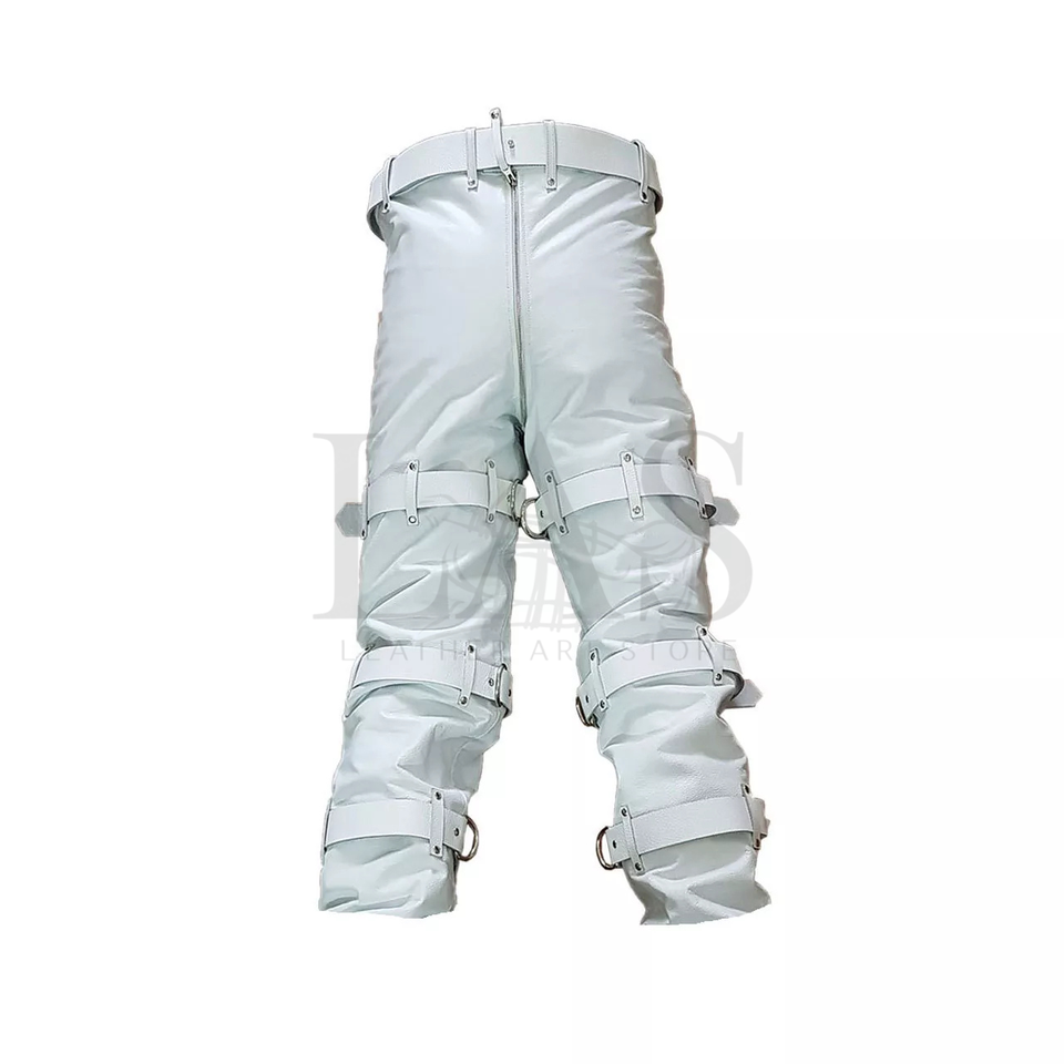 Mens Real White Leather Locking Bondage Chastity Jeans with Rear Zip ...