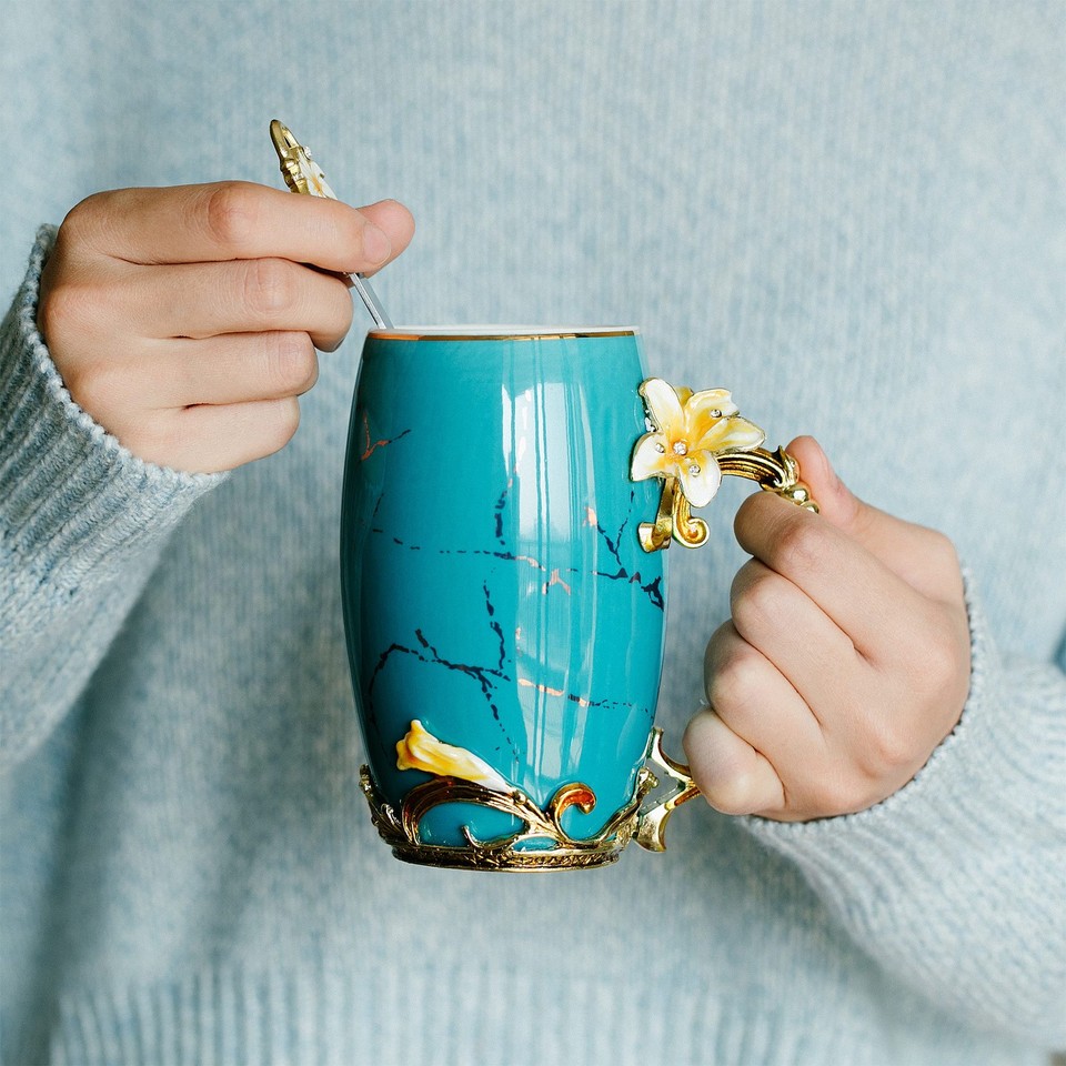 BTaT- Fancy Coffee Mugs with Spoon 12 oz Set of 2 Floral Pink and Blue ...