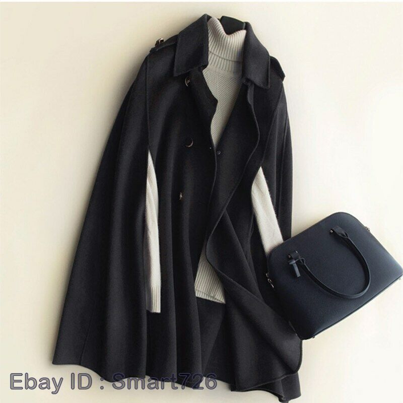 Women 100% Wool Mid Long Bat Cape Woolen Coats Autumn Loose Double ...