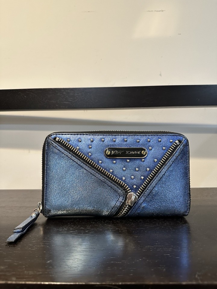 Betsey Johnson Blue Zip-Around Moto Wallet Studded Metallic Envelope ...