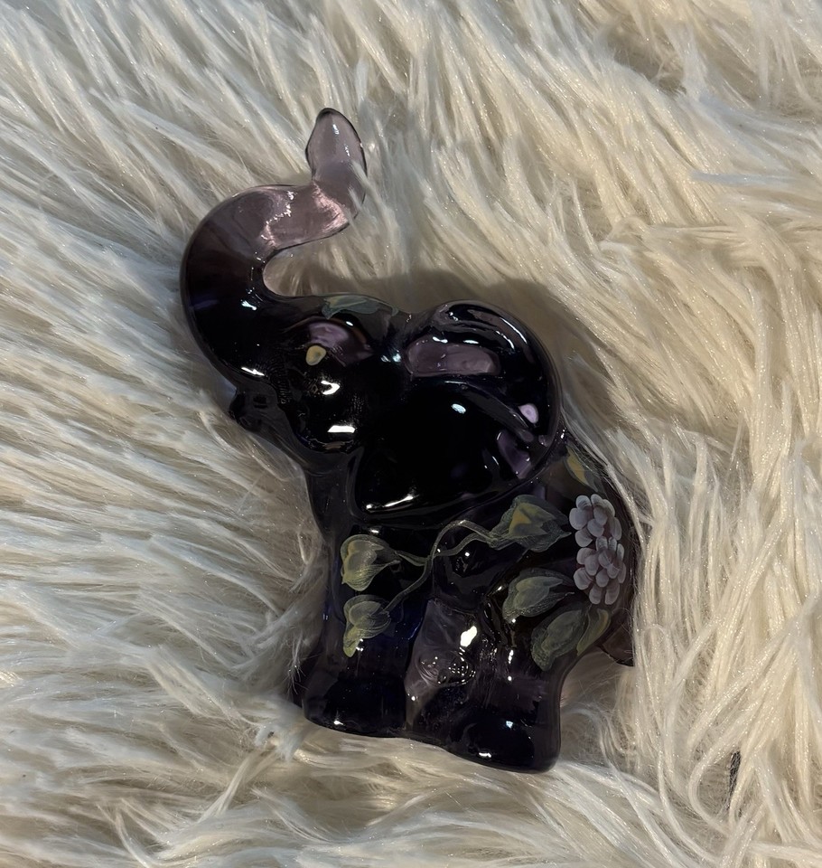 EUC Fenton Art Glass Lucky The Little Purple ELEPHANT Hand Painted By L ...