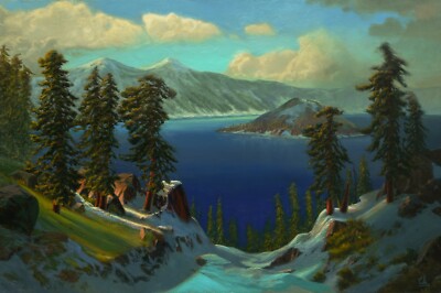 Oil Painting Original Landscape Western Art Crater Lake Clouds Signed ...