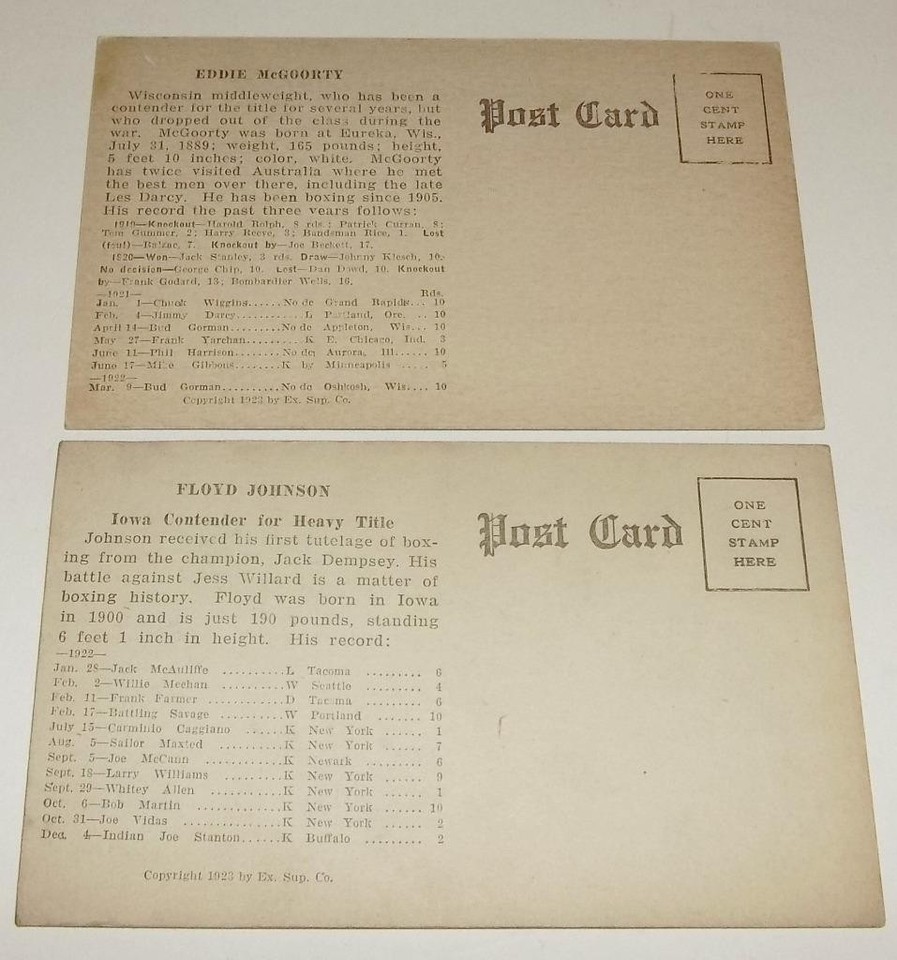 1923 Boxing Exhibit Postcards Eddie McGoorty and Floyd Johnson | eBay