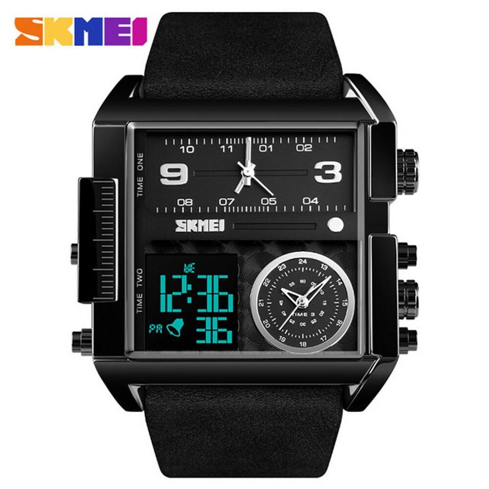 SKMEI Men Watch Square Dial Digital Sport Watches Leather Chronograph ...
