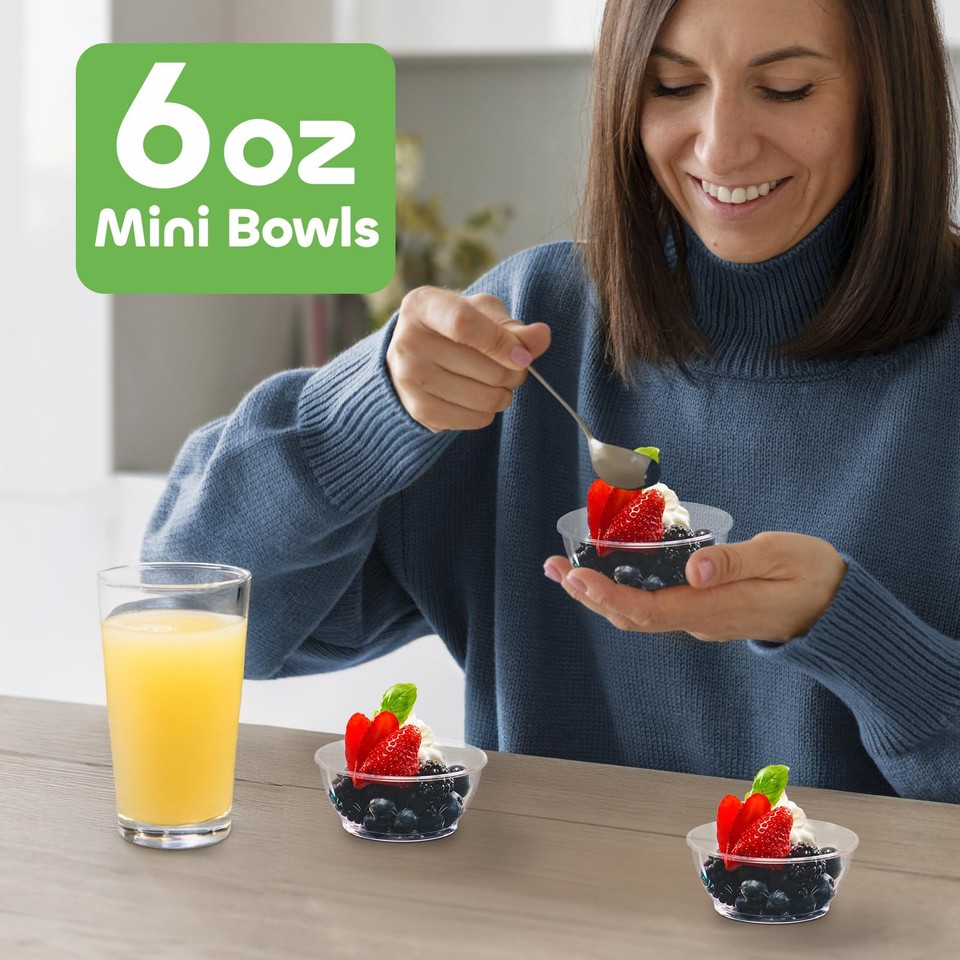 Clear Mini Plastic Bowls - (Bulk 100 Pack) 6 Oz Disposable Premium Hard ...
