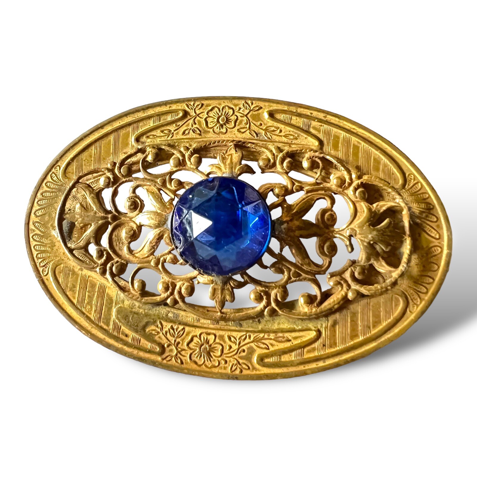 Antique Edwardian Gilded Brass Sash Pin with Blue Fac… - Gem