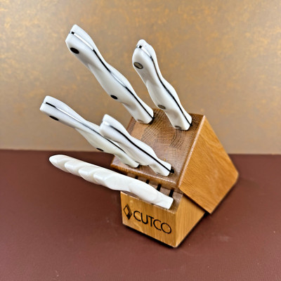 CUTCO 8 Piece Pearl White Handle Knife Wood Block Set Steak Knives ...