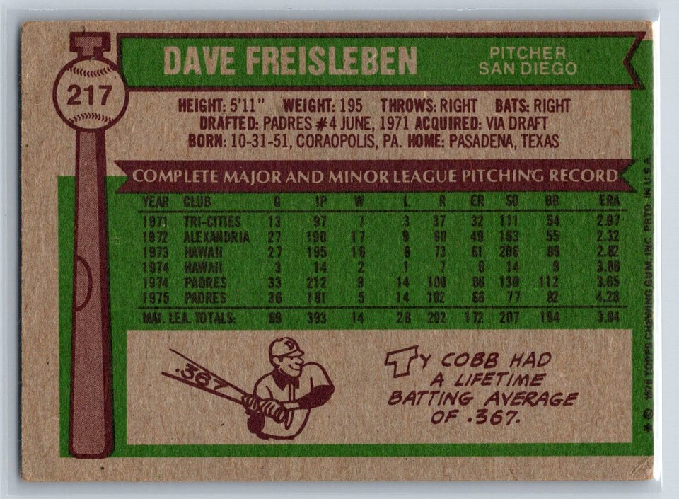 1976 Topps #217 Dave Freisleben EX San Diego Padres | eBay