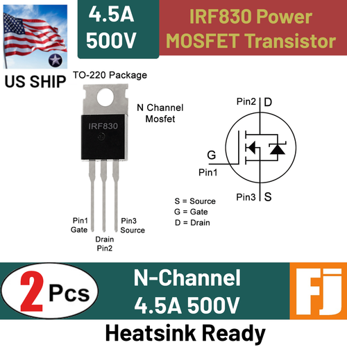 2 Pcs IRF830 "IR" Power MOSFET N-Channel 4.5A 500V Transistor 100W | US ...