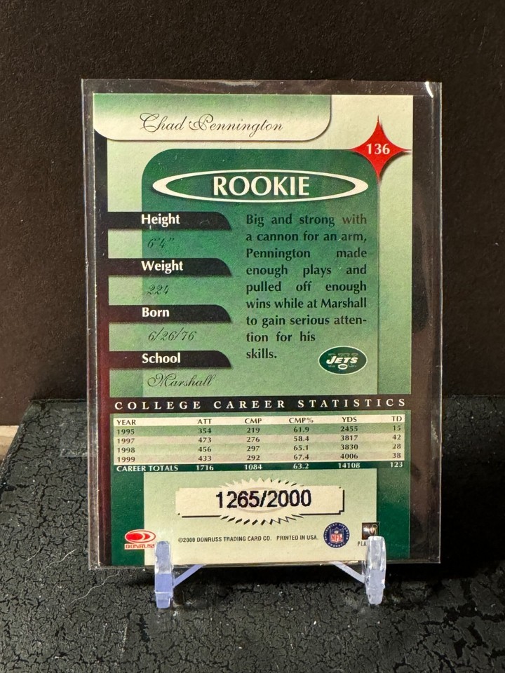 2000 Elite Football Chad Pennington Rookie RC Card #136 #1265/2000 | eBay