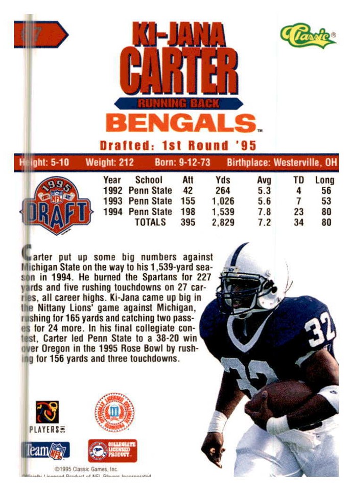 1995 Classic NFL Rookies Ki-Jana Carter 67 | eBay