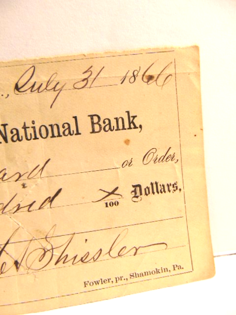 old 1866 Northumberland County (PA) National Bank cancelled check w ...