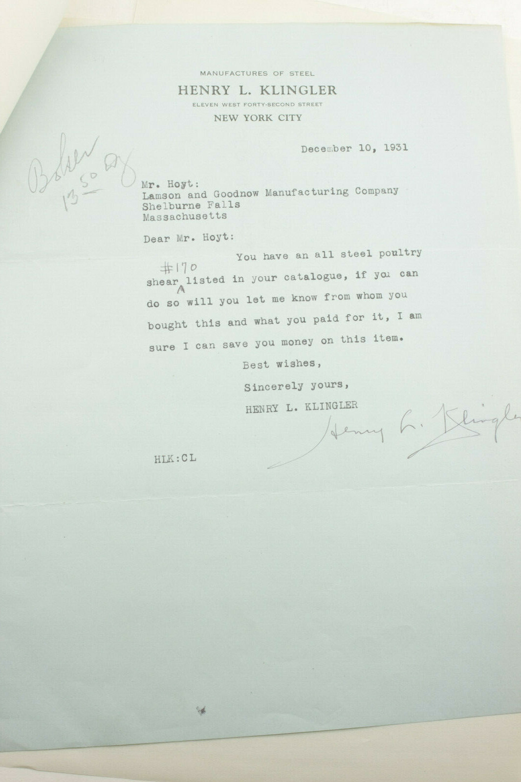 1931 Lamson Goodnow Henry L Klingler NYC Signed Letter Ephemera P1556B ...