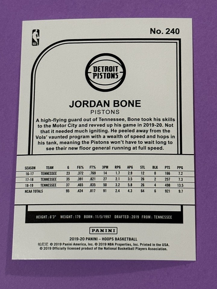 2019-20 Panini NBA Hoops Jordan Bone Rookie #240 Detroit Pistons RC (L ...