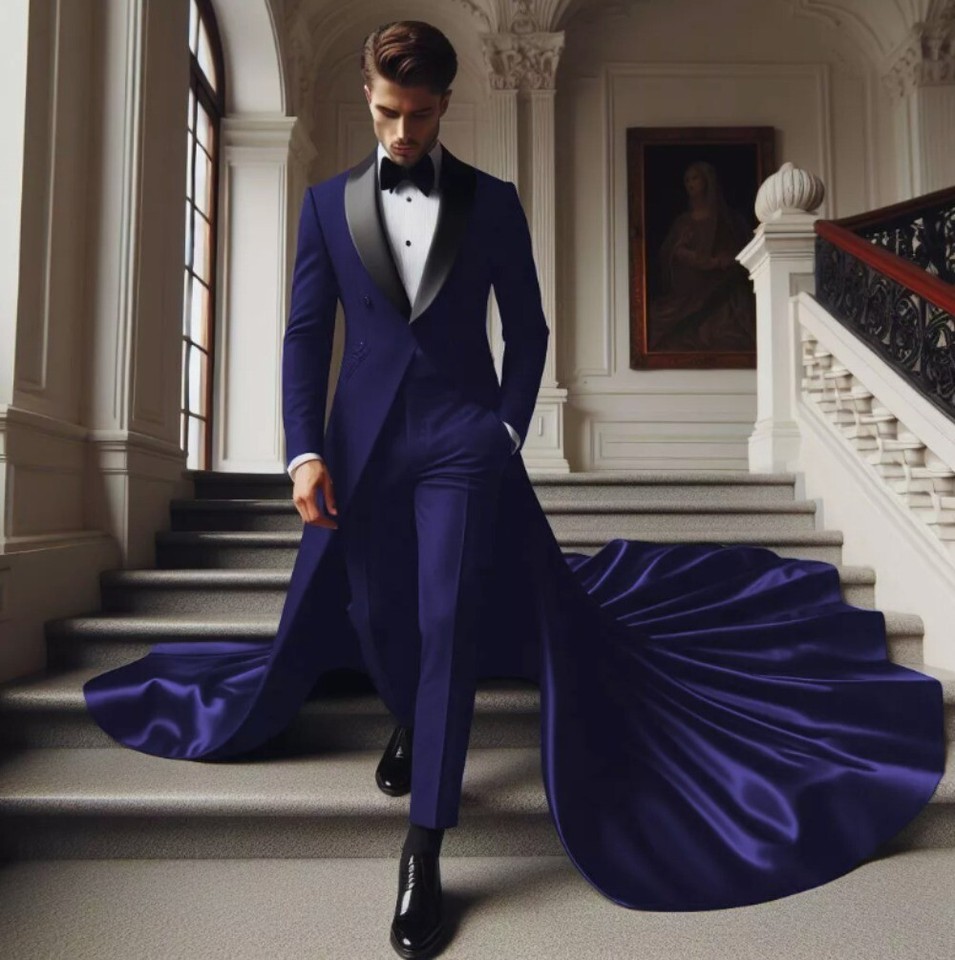 Men Black Long Train Suit Single Breasted Tuxedo Shawl Lapel Custom ...