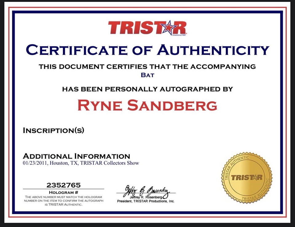 Ryne Sandberg Cubs Signed Autographed Adirondack Pro Rawlings Pro Model ...