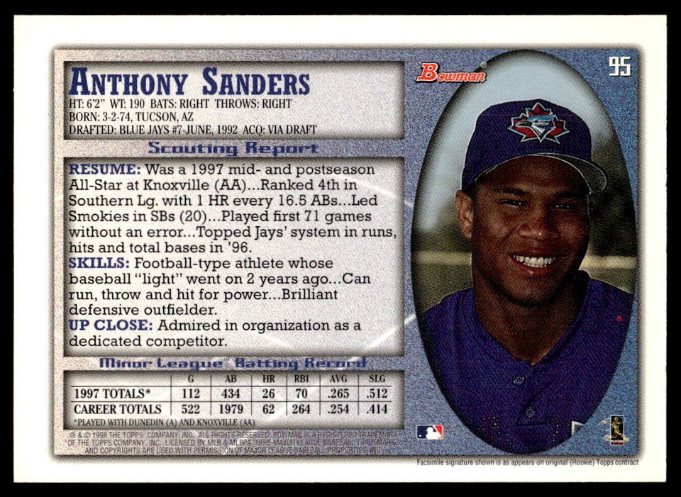 1998 Bowman 95 Anthony Sanders Toronto Blue Jays Baseball Card | eBay