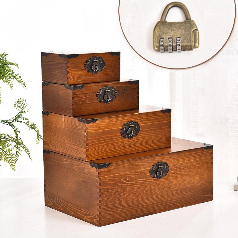 S M L Vintage Wooden Storage Box Keepsake Memory Chest Lockable With ...