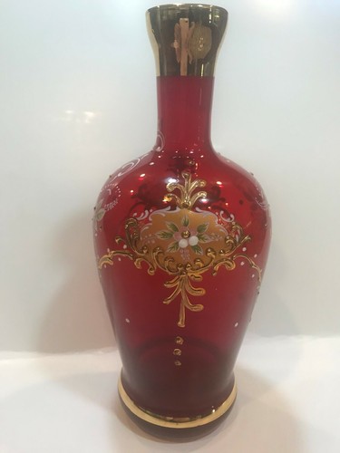 Vintage Ruby Red Bohemian Glass Vase Bottle Gold Enamel Embossed Design ...