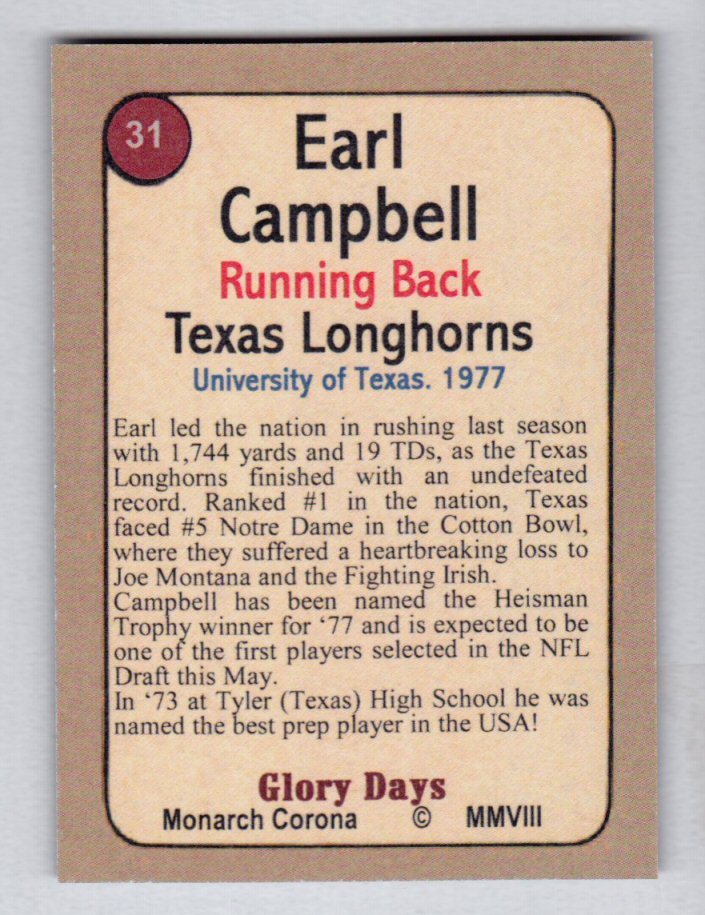 Earl Campbell, '77 Texas Longhorns Monarch Corona Glory Days #31 / NM+ ...