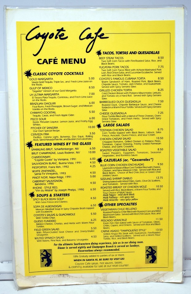 1990s Coyote Cafe Restaurant Menu 132 West Water Street Santa Fe New ...