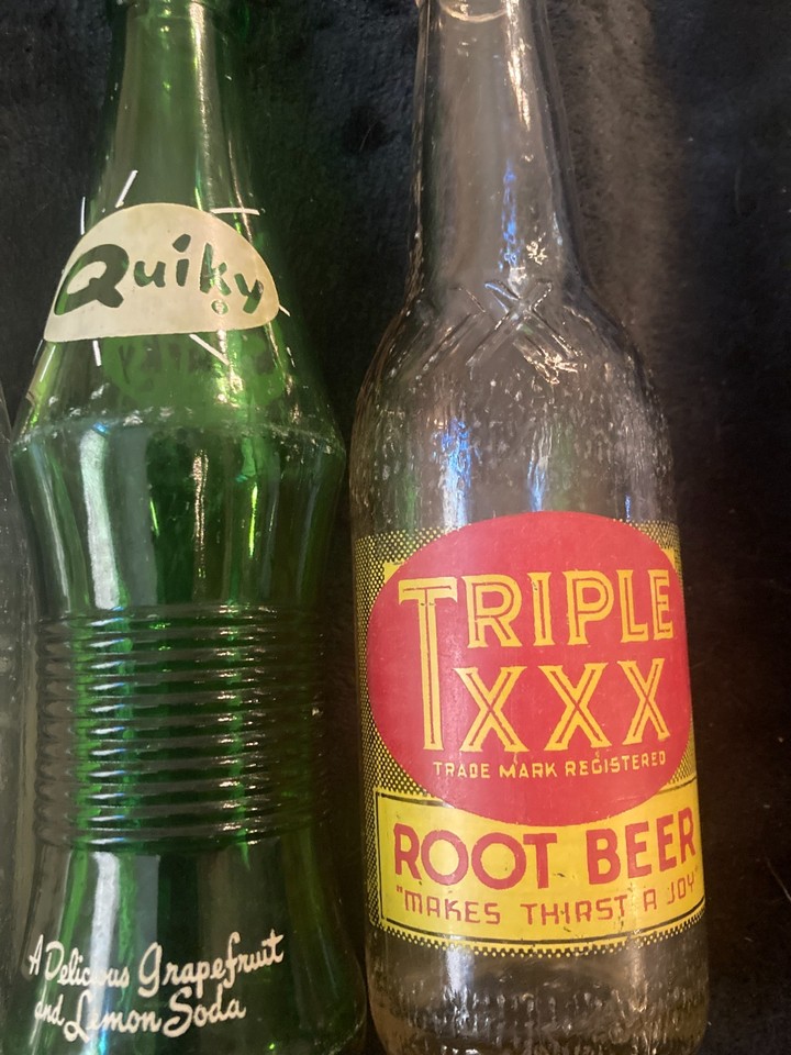 6 Vtg. ACL Bottles...Quiky, Polka Dot, Cott, Triple XXX, Double Cola ...