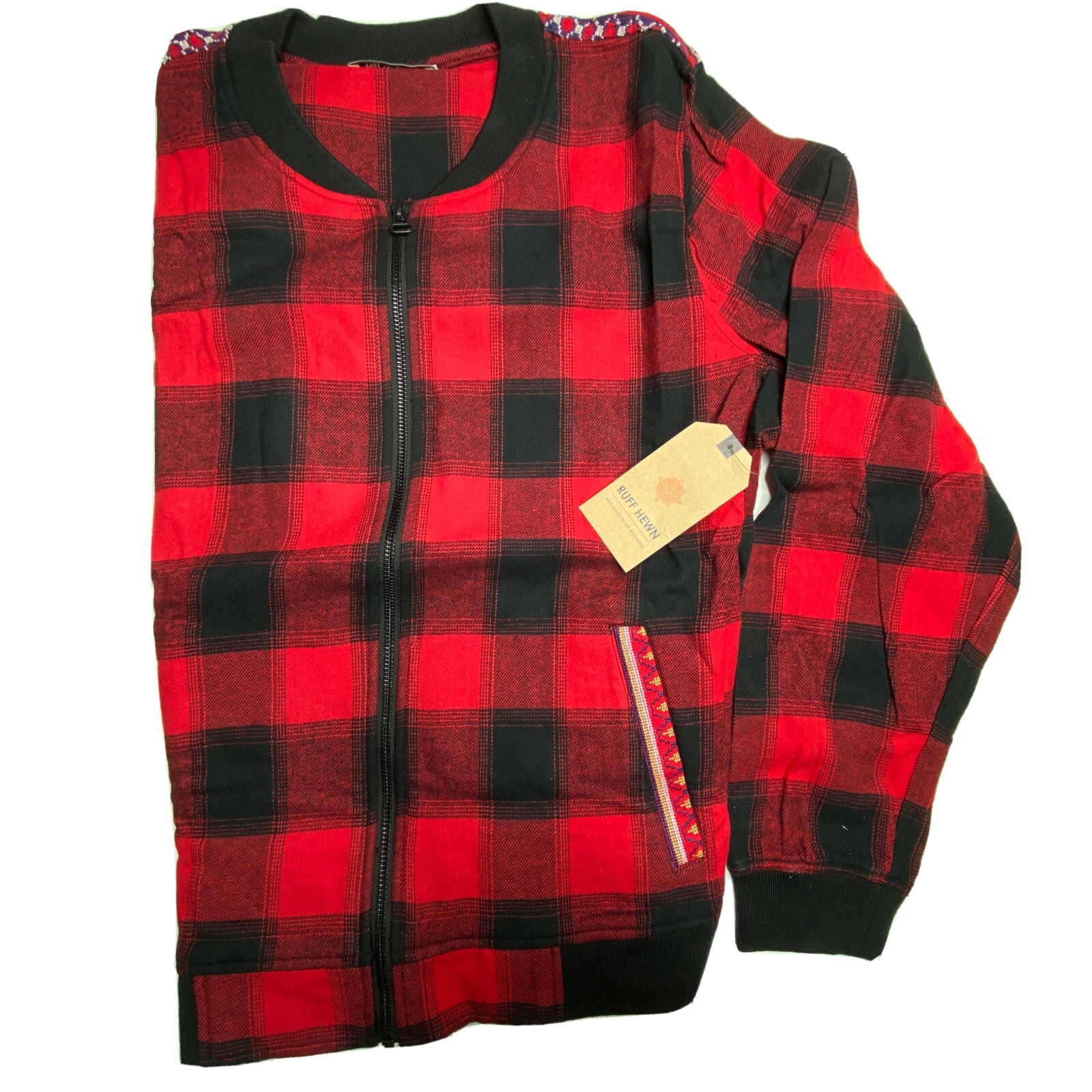 NEW Ruff Hewn Buffalo Plaid Flannel Zip Jacket Embroidered Shoulders ...