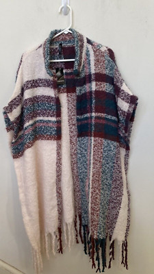 NWT Torrid Women's Creme Berry Plaid Open Fringed Knit Ruana Wrap Sz OS ...