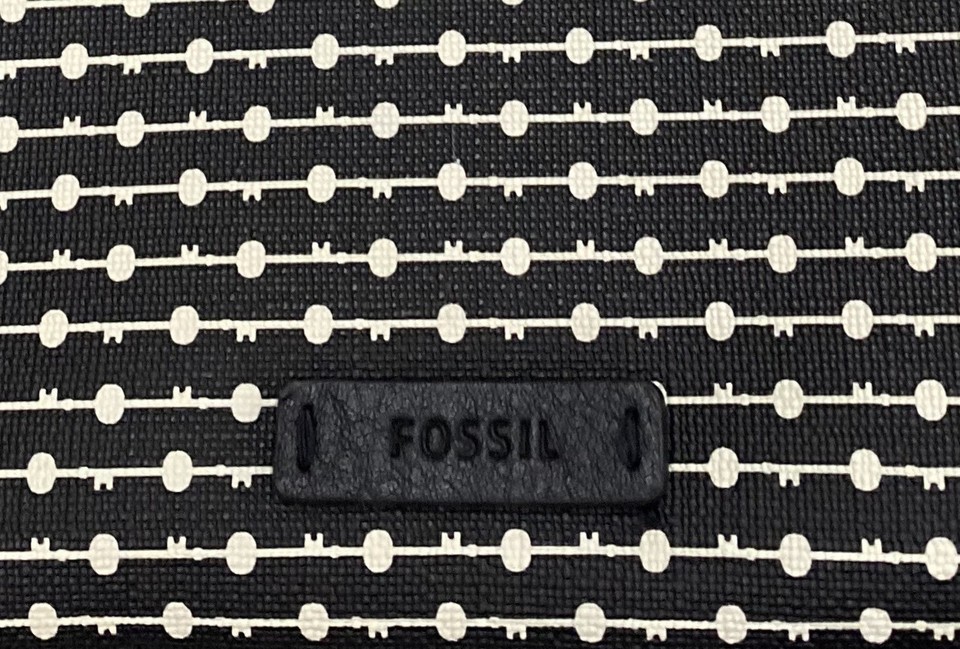 FOSSIL TOP ZIP CROSSBODY BLACK & WHITE DOT + LINE PATTERN W TAN TRIM ...