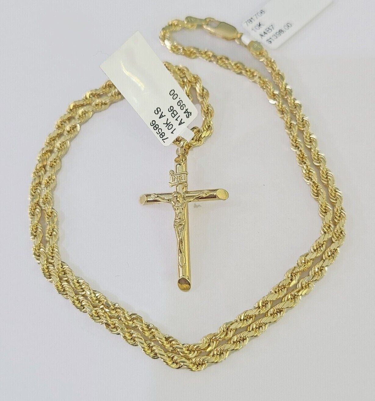 Real 10k 3mm Rope Chain INRI Cross Pendant 18" 20" 22" 24" 26" Gold Set ...