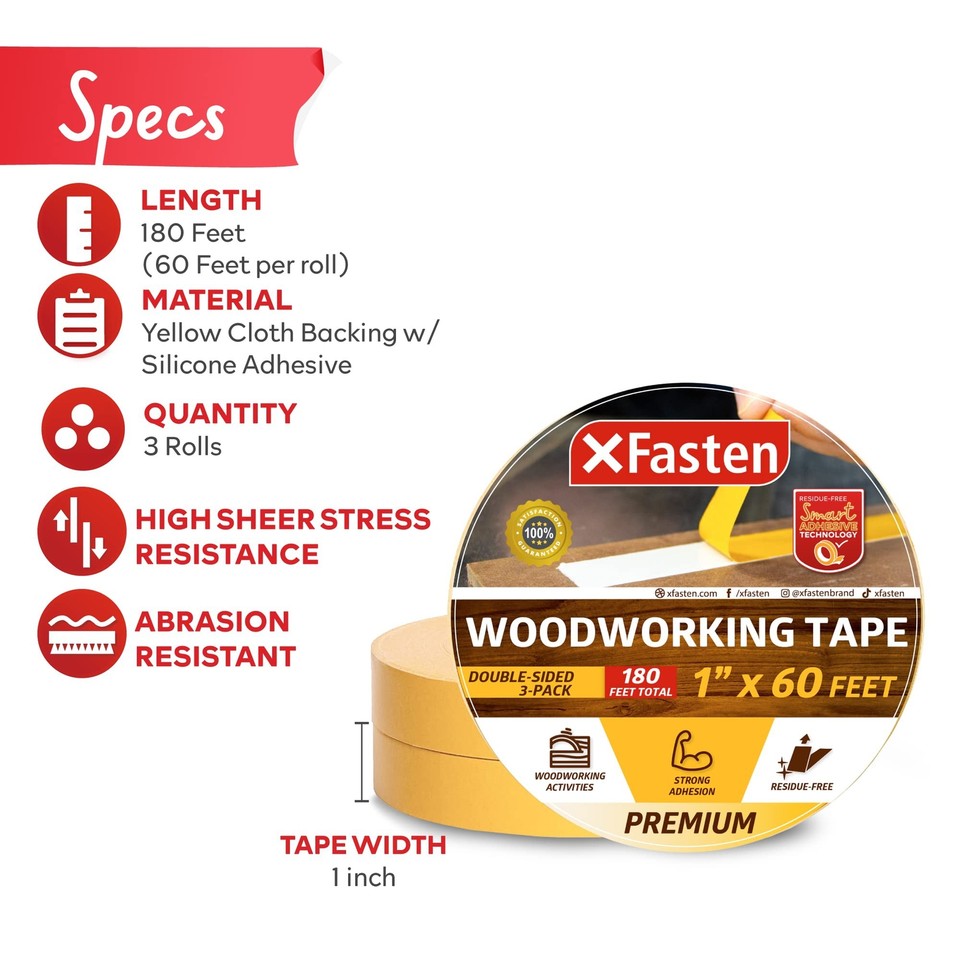 XFasten Double Sided Woodworking Tape 1-inch 180-Feet Total 3-Pack ...